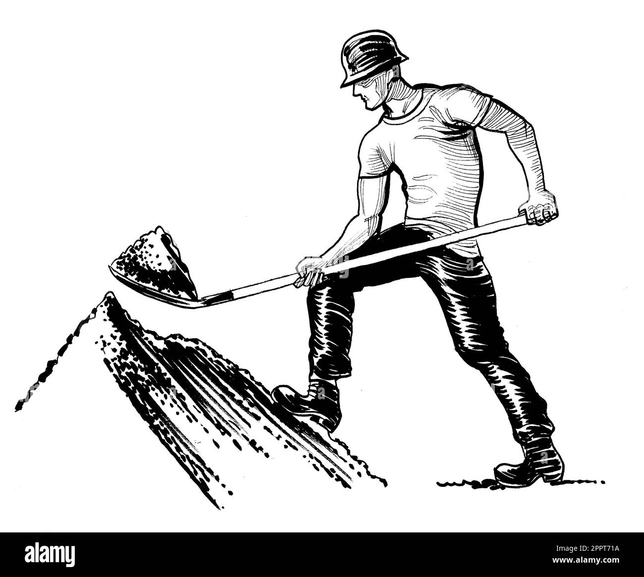 Worker digging earth with shovel. Hand-drawn ink on paper retro styled ...