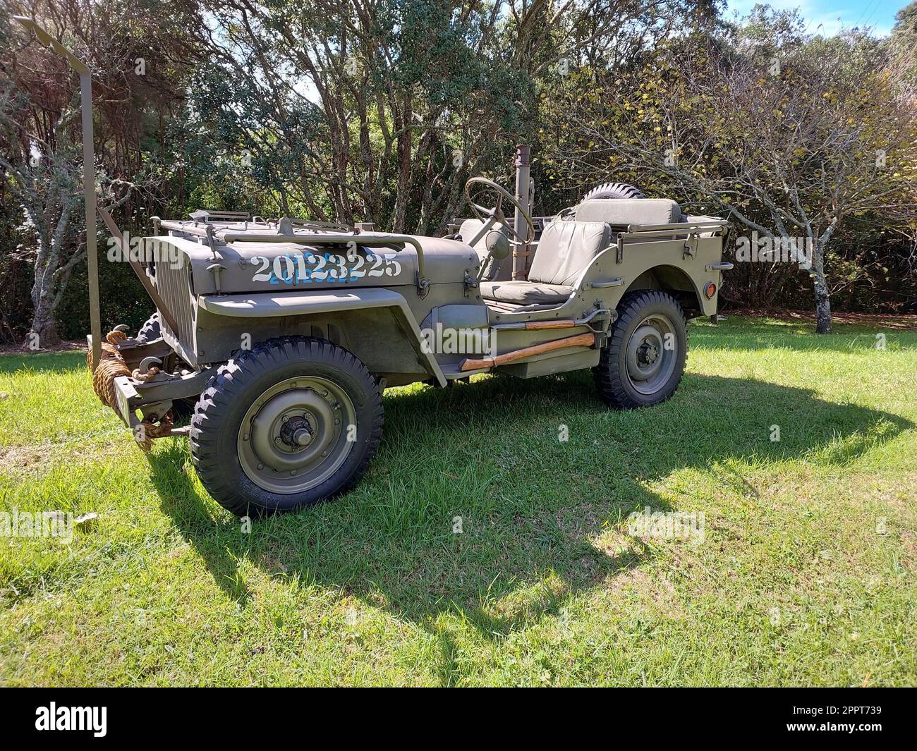 A green military jeep parked in a lush outdoor park setting, surrounded ...