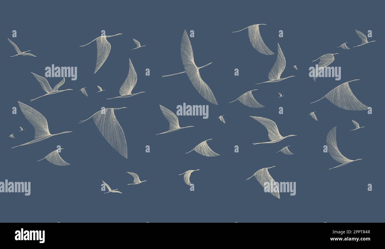 wallpaper with classic blue color, line cranes flying in a flock, a ...