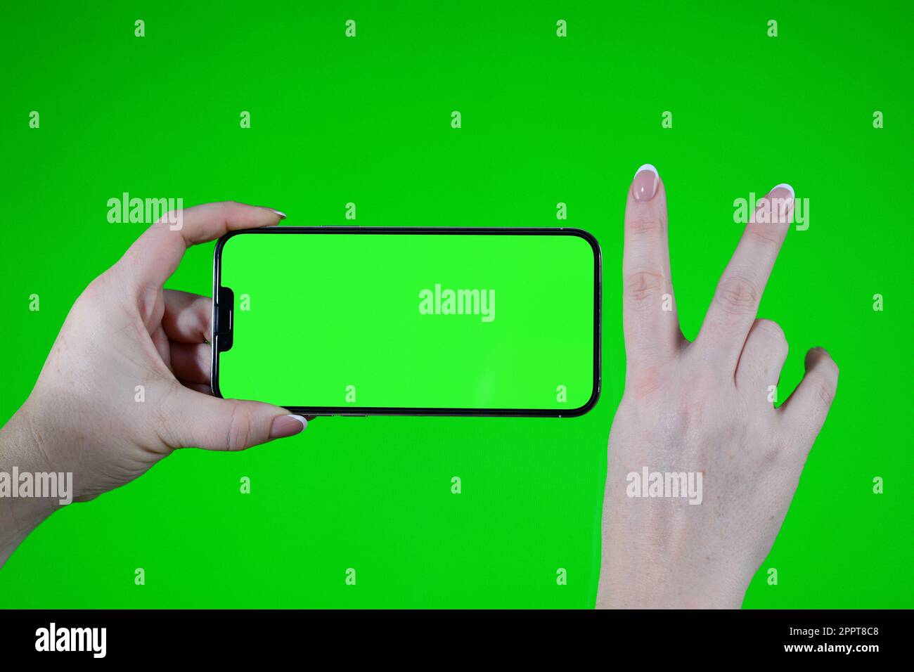 Scroll on Smartphone with Green Mock-up Screen Chroma Key. Phone green ...