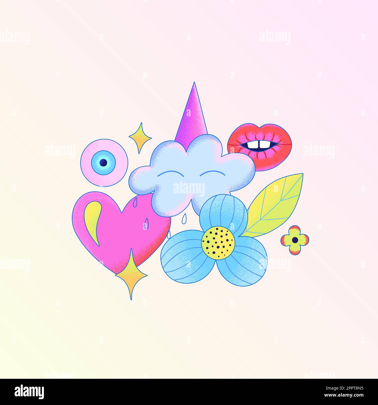Cute groovy illustration. Cloud, heart, flower, lips. Summer mood ...