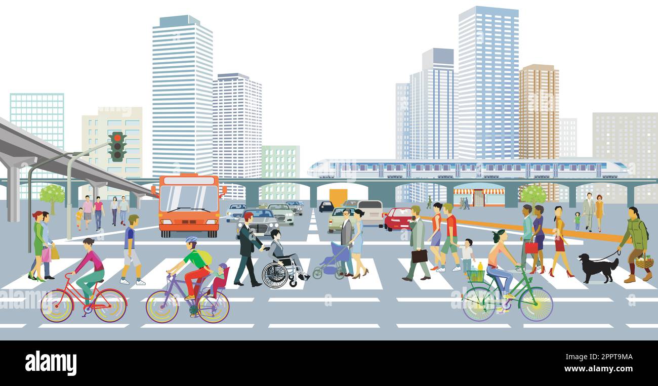 Cars on the crossroads in the big city with pedestrian crossing ...