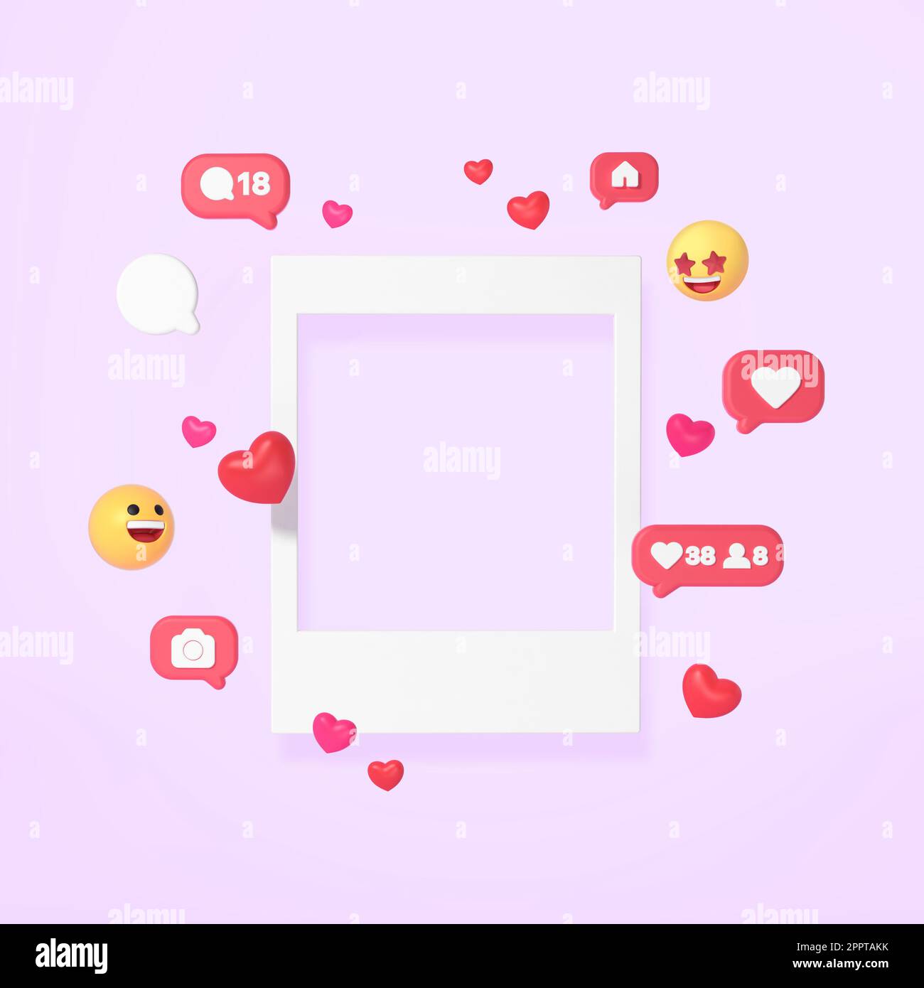 sns event 3d frame with smiling emoji, like, heart and follow Stock ...