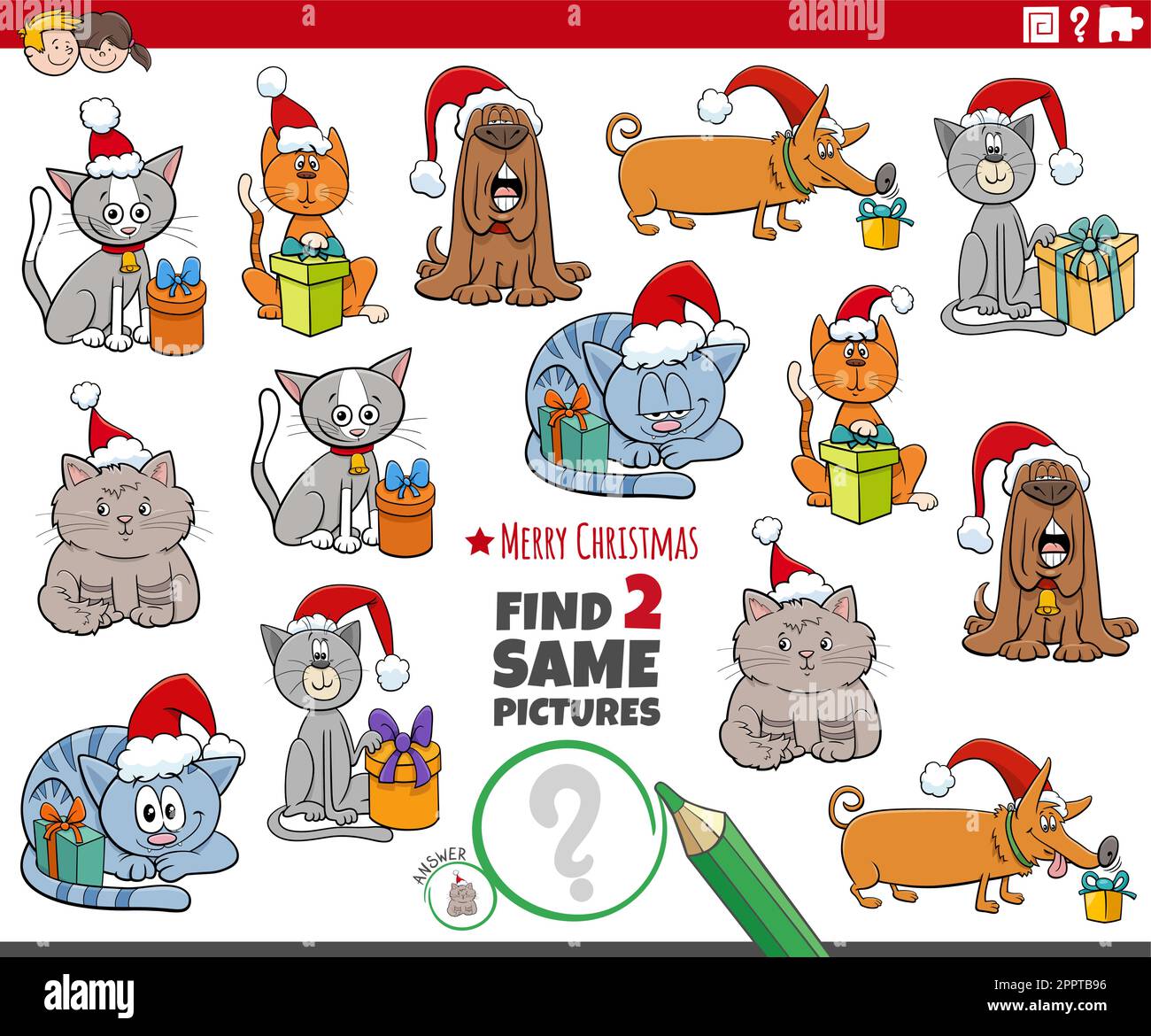 find two same cartoon dogs and cats characters on Christmas time Stock ...