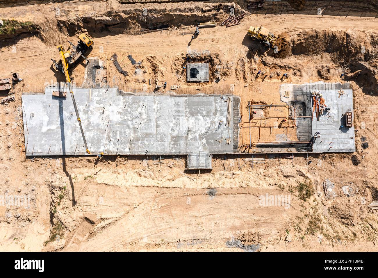 construction site, aerial top view. foundation pit with monolithic slab ...