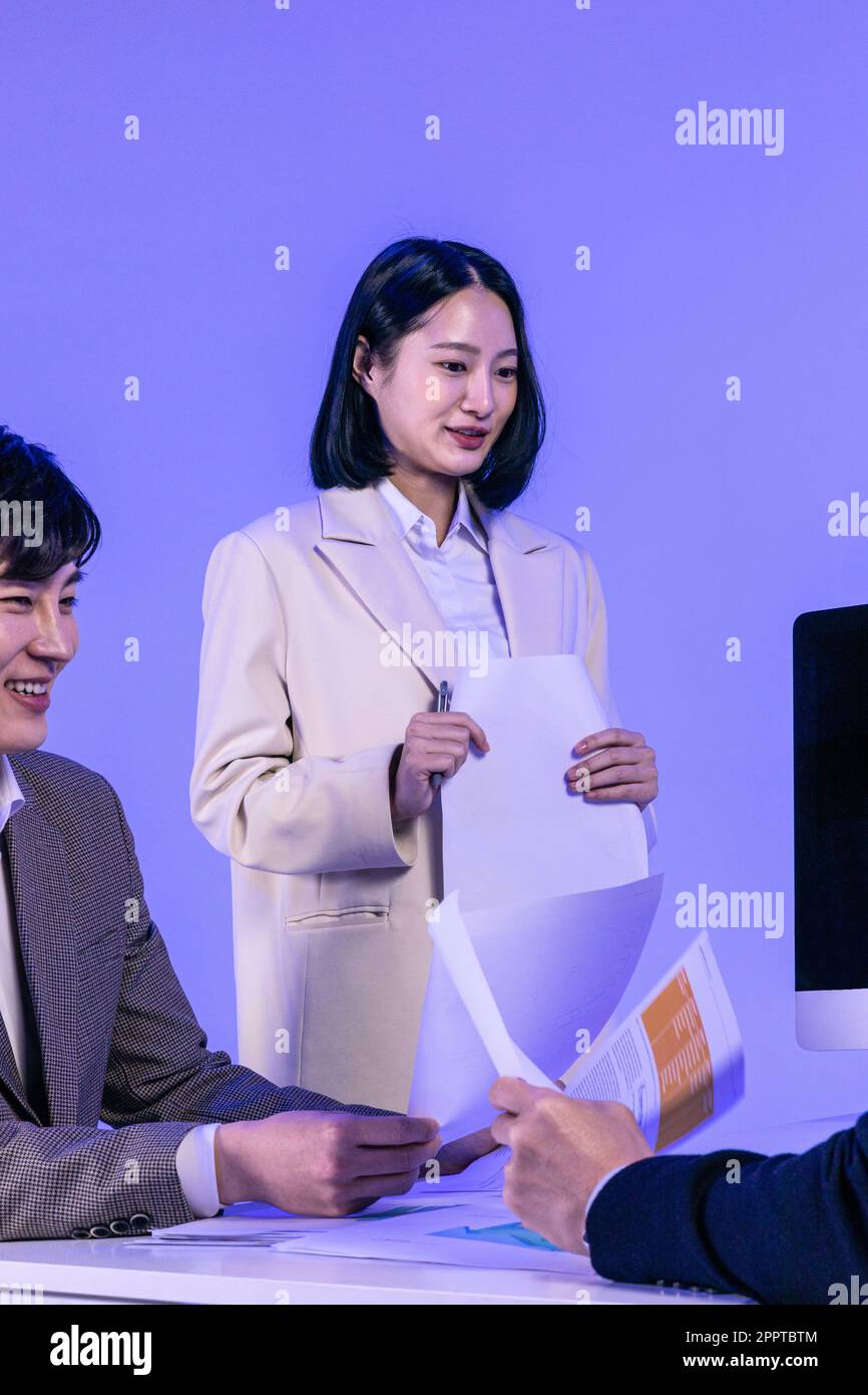 Asian Korean senior, middle aged and young male and female colleagues ...