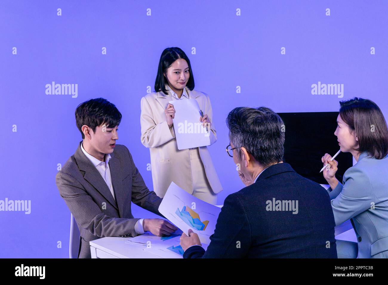 Asian Korean senior, middle aged and young male and female colleagues ...