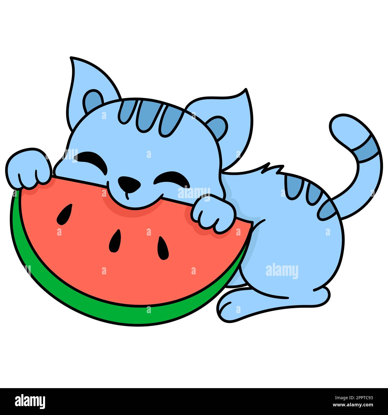 cute pet cat eating watermelon fruit, doodle kawaii. doodle icon image ...