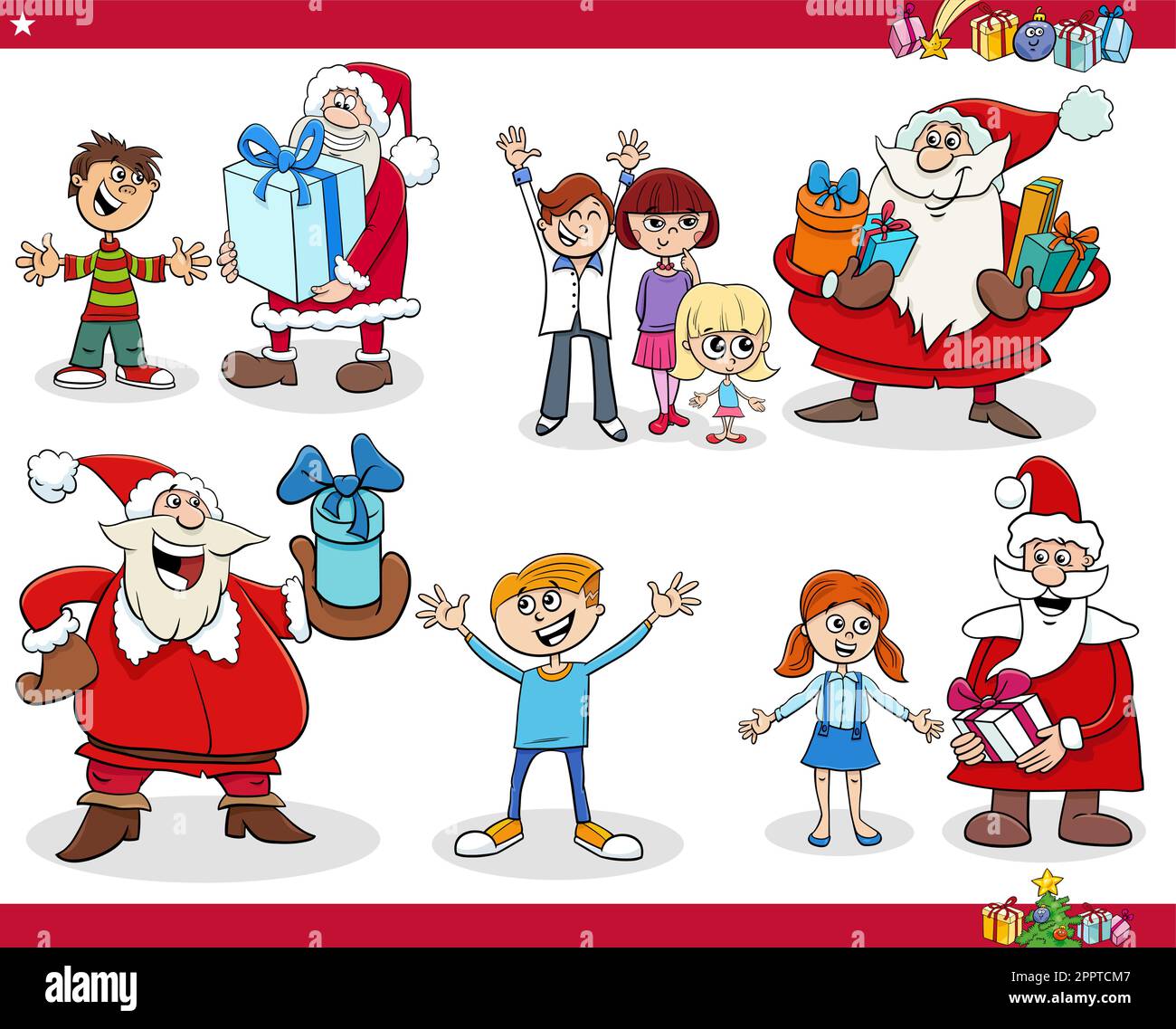 cartoon Santa Clauses giving Christmas presents to children Stock ...