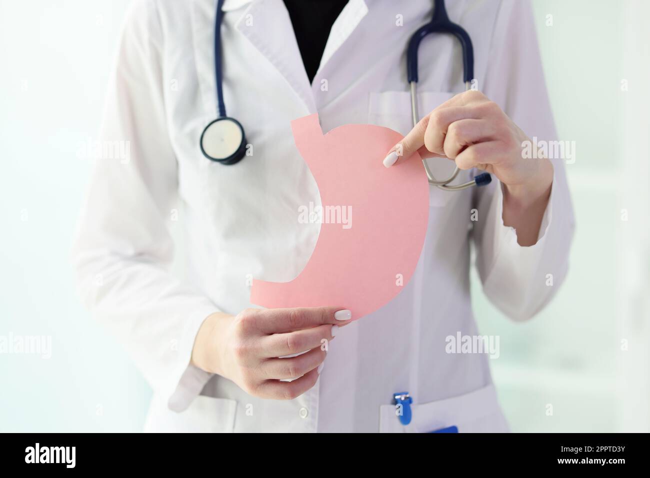 Doctor with stethoscope holds stomach cut out of cardboard Stock Photo ...