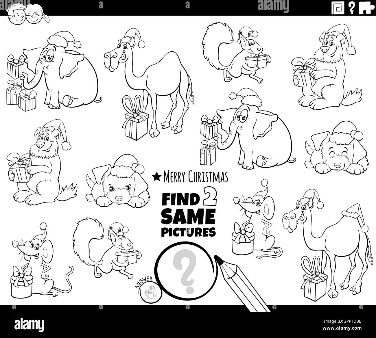 find two same cartoon animals on Christmas time coloring page Stock ...