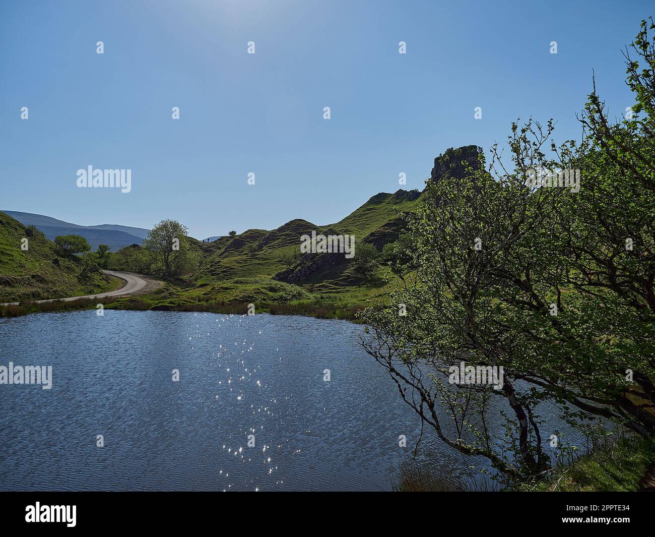 little pond in the landscape around fairy glen on the isle of skye in ...