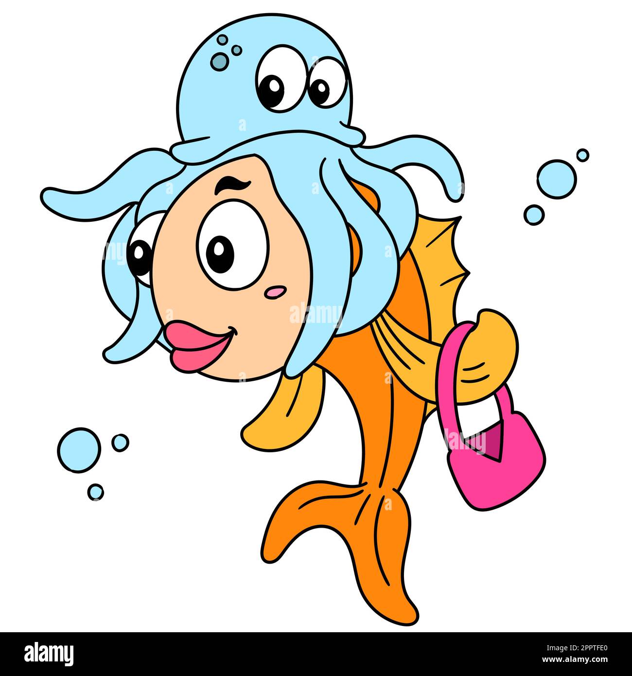 goldfish befriend jellyfish, doodle kawaii. doodle icon image Stock ...