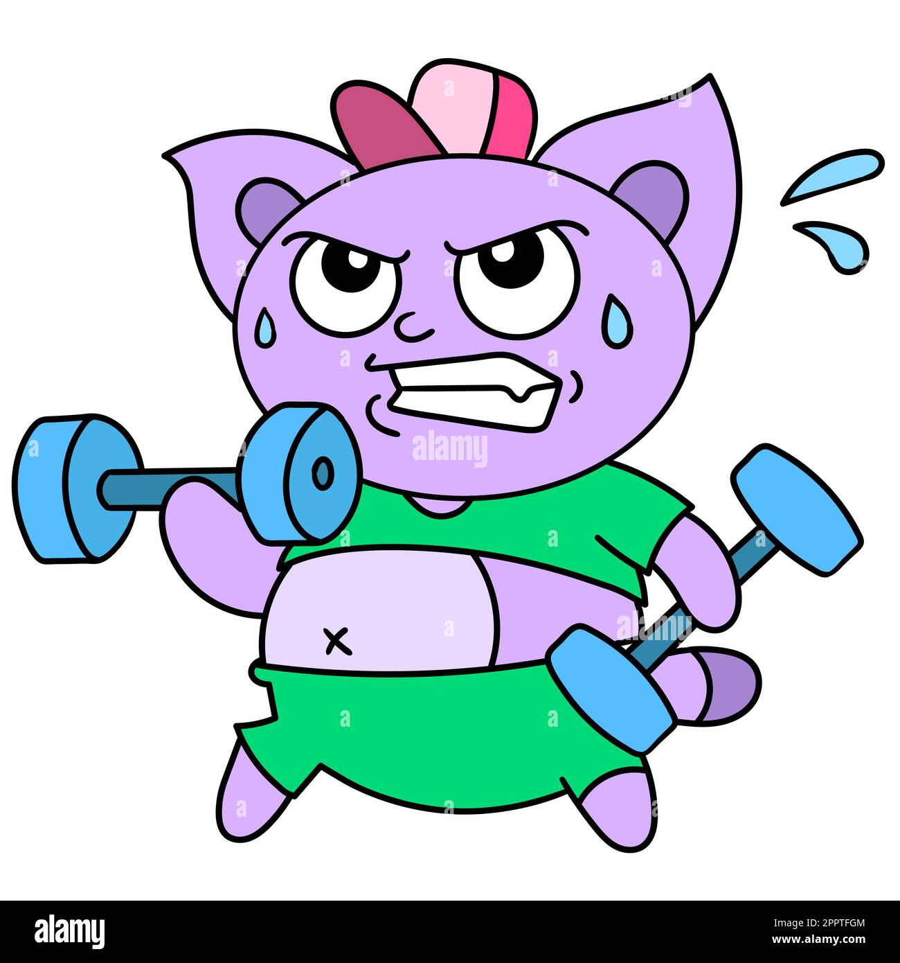 cute creatures practicing barbell lifting gym, doodle kawaii. doodle ...