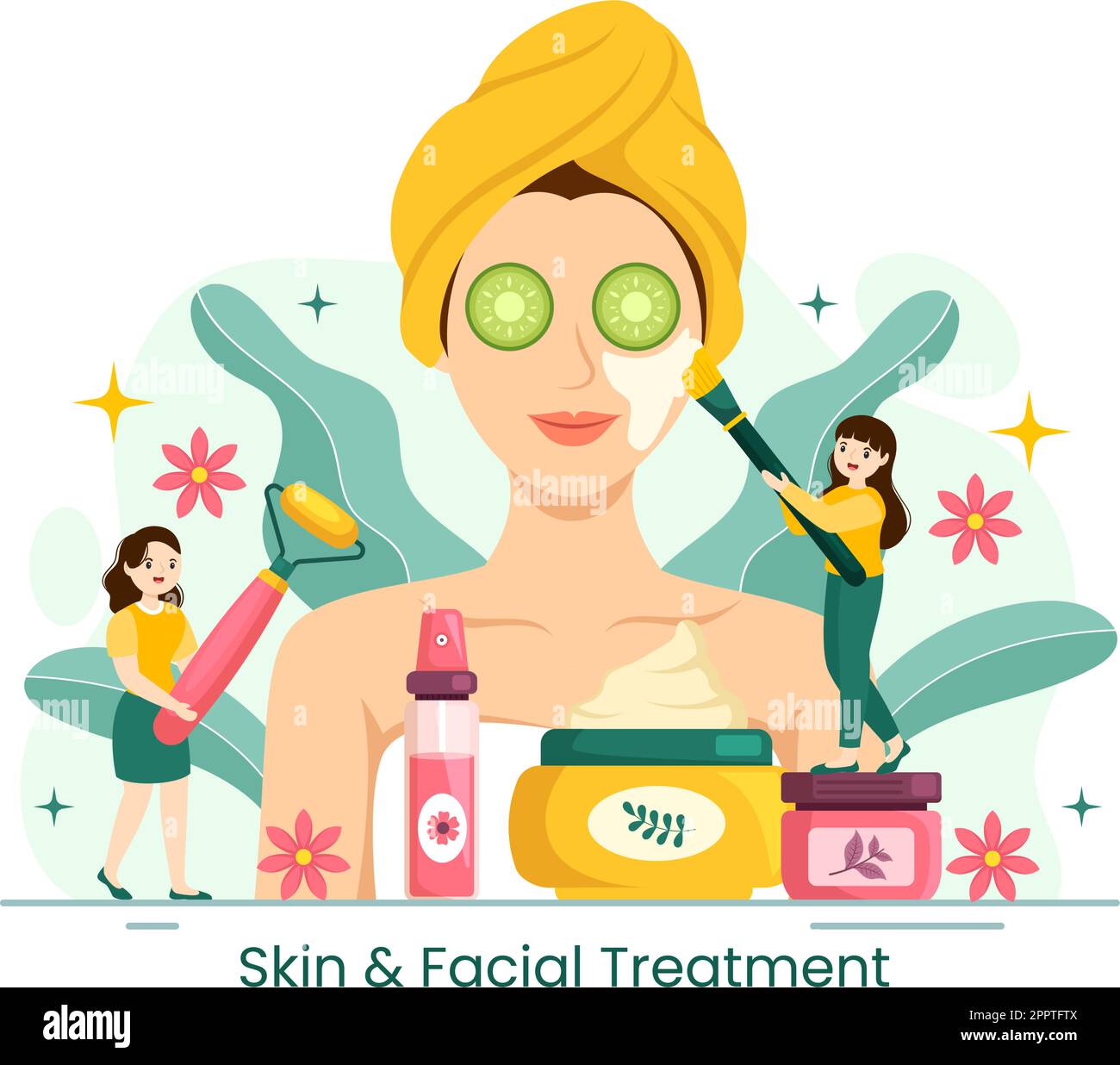 Facial and Skin Treatment Illustration with Women Skin Care, Anti Age Procedure, Massage or SPA ...