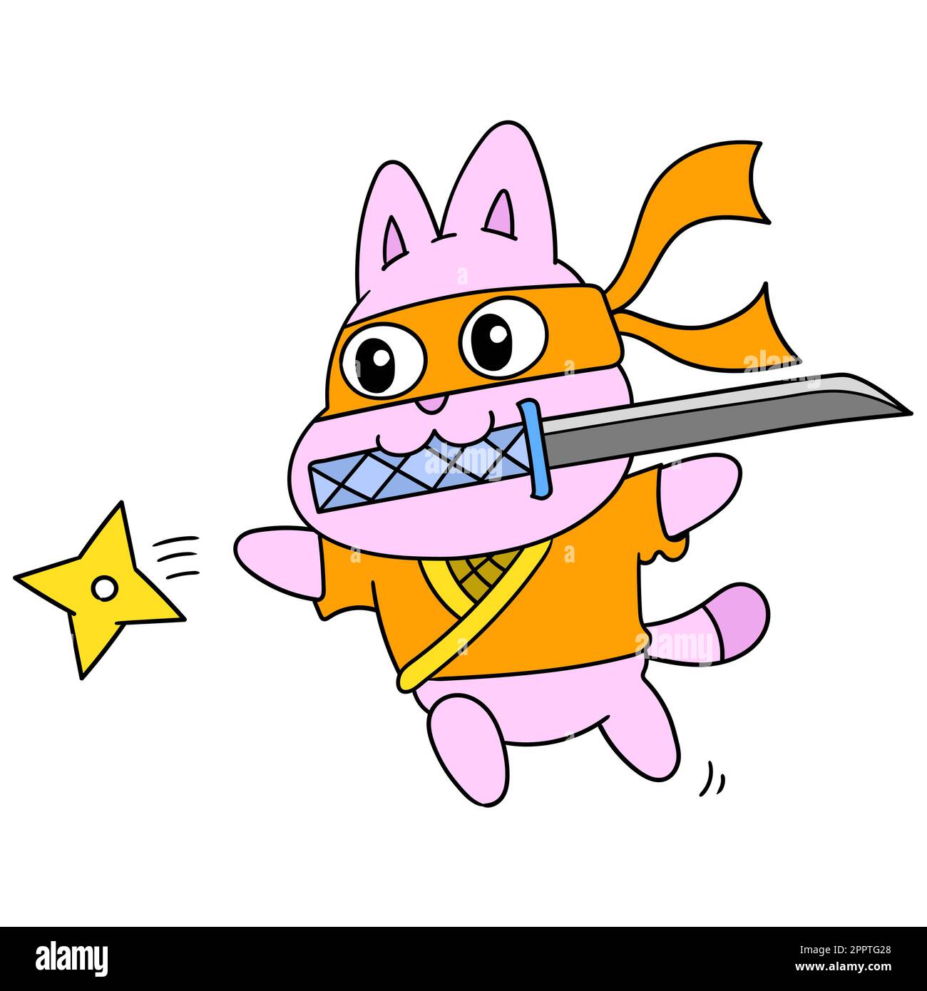 kawaii cartoon ninja bunny carrying a sword and throwing a shuriken ...