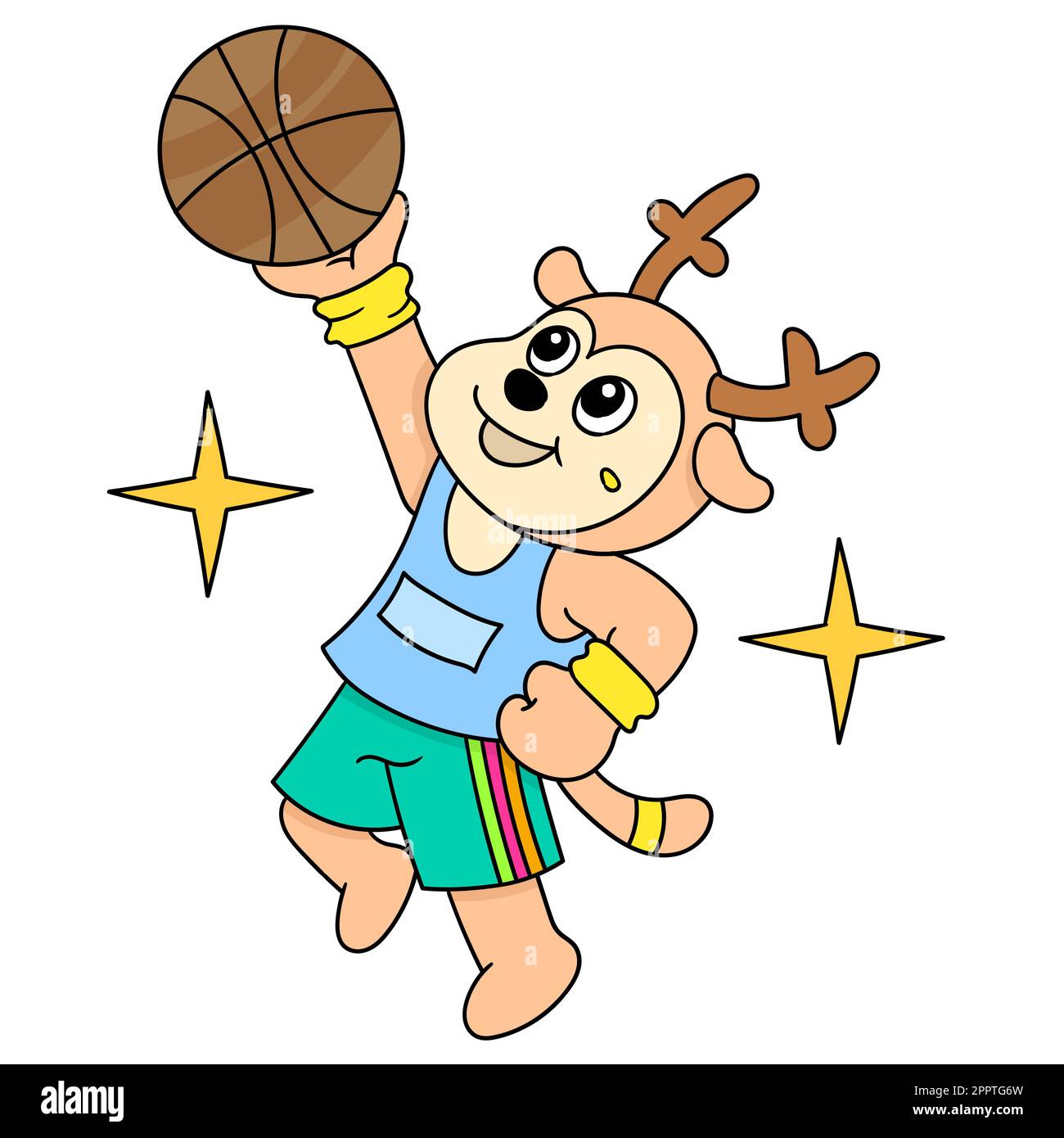 cartoon deer playing basketball sport with happy laughing face, doodle ...