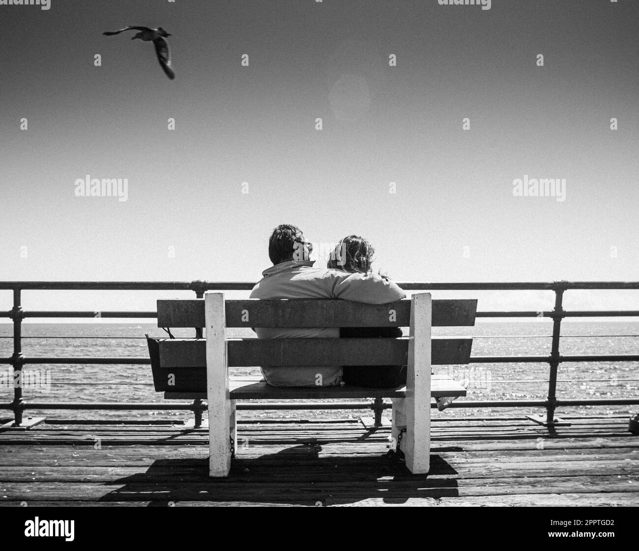 A black and white of a man and woman sitting together on a bench Stock ...