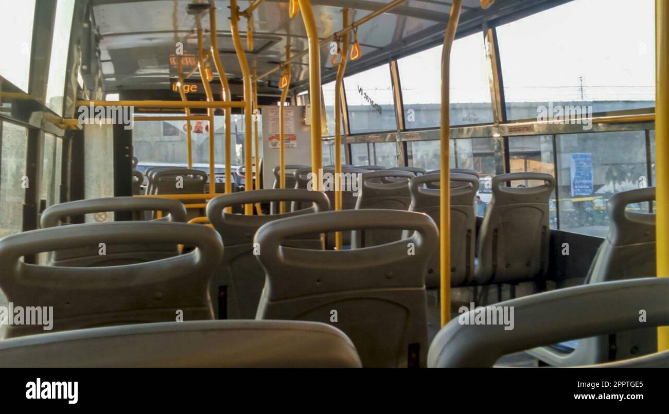 The interior of the local bus in Bangalore, is empty. Passenger ...