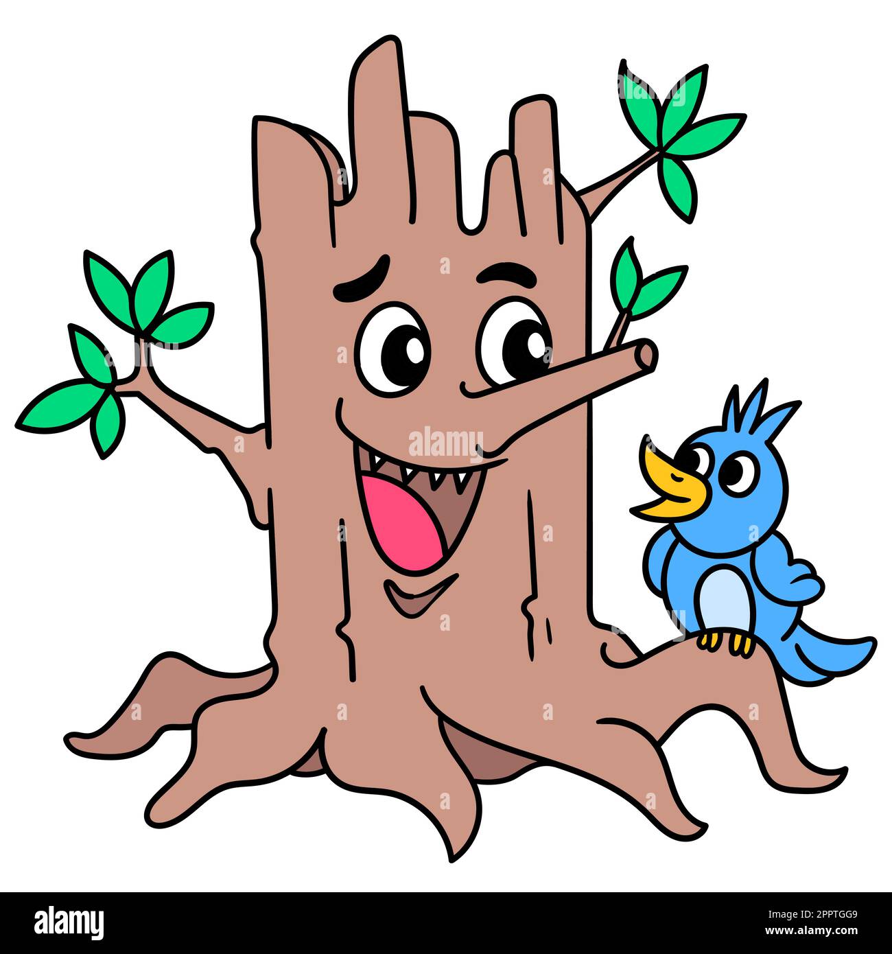 emoticon of a smiling tree trunk playing with a small bird, doodle icon ...