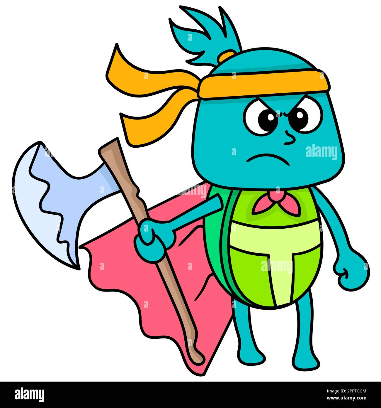 turtle with a serious face carrying an ax ready to fight, doodle icon ...
