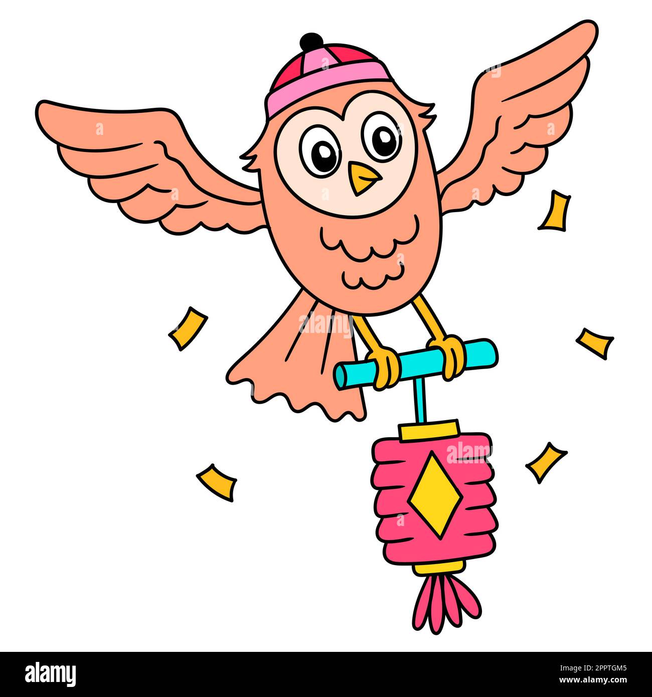 The owl carries a lantern to welcome the Chinese New Year, doodle icon ...