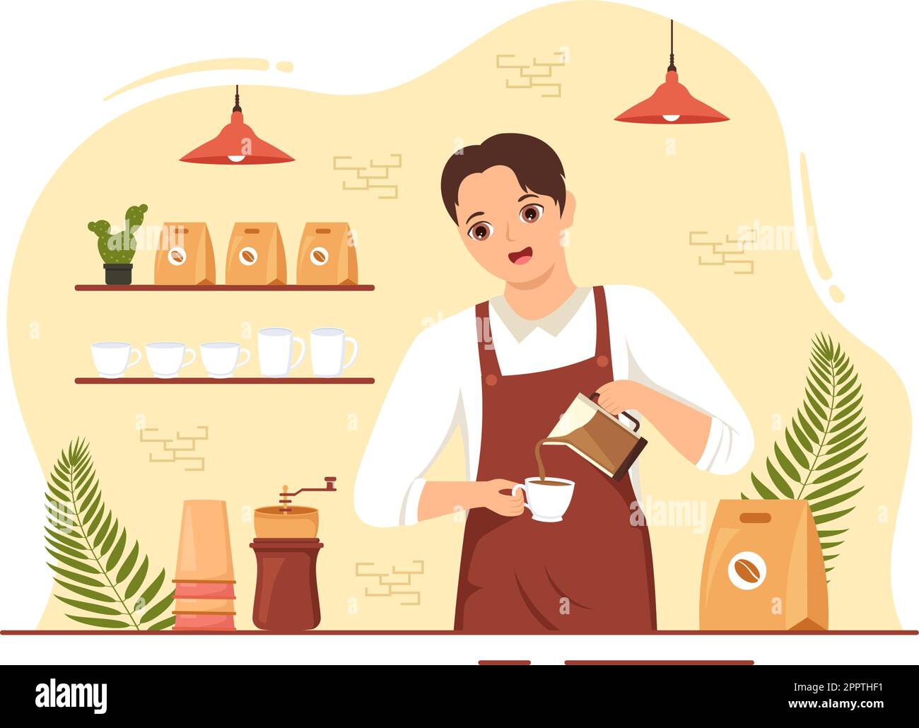 Barista Illustration With Wearing Standing Apron Making Coffee for ...