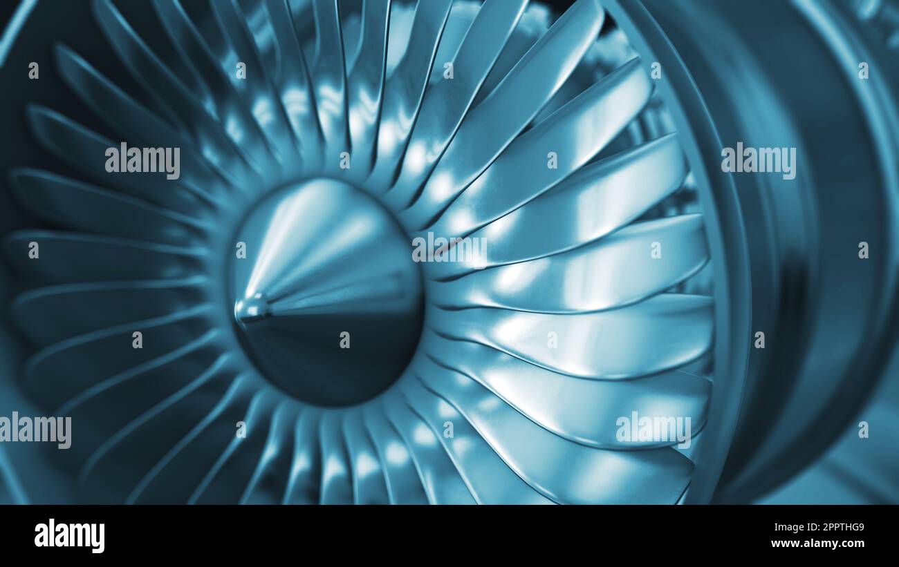 3D Rendering jet engine, close-up view jet engine blades. Closeup shot ...