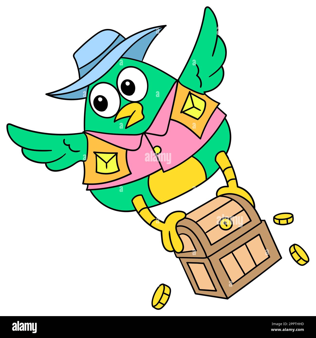 adventurous birds carried a treasure box filled with gold coins, doodle ...