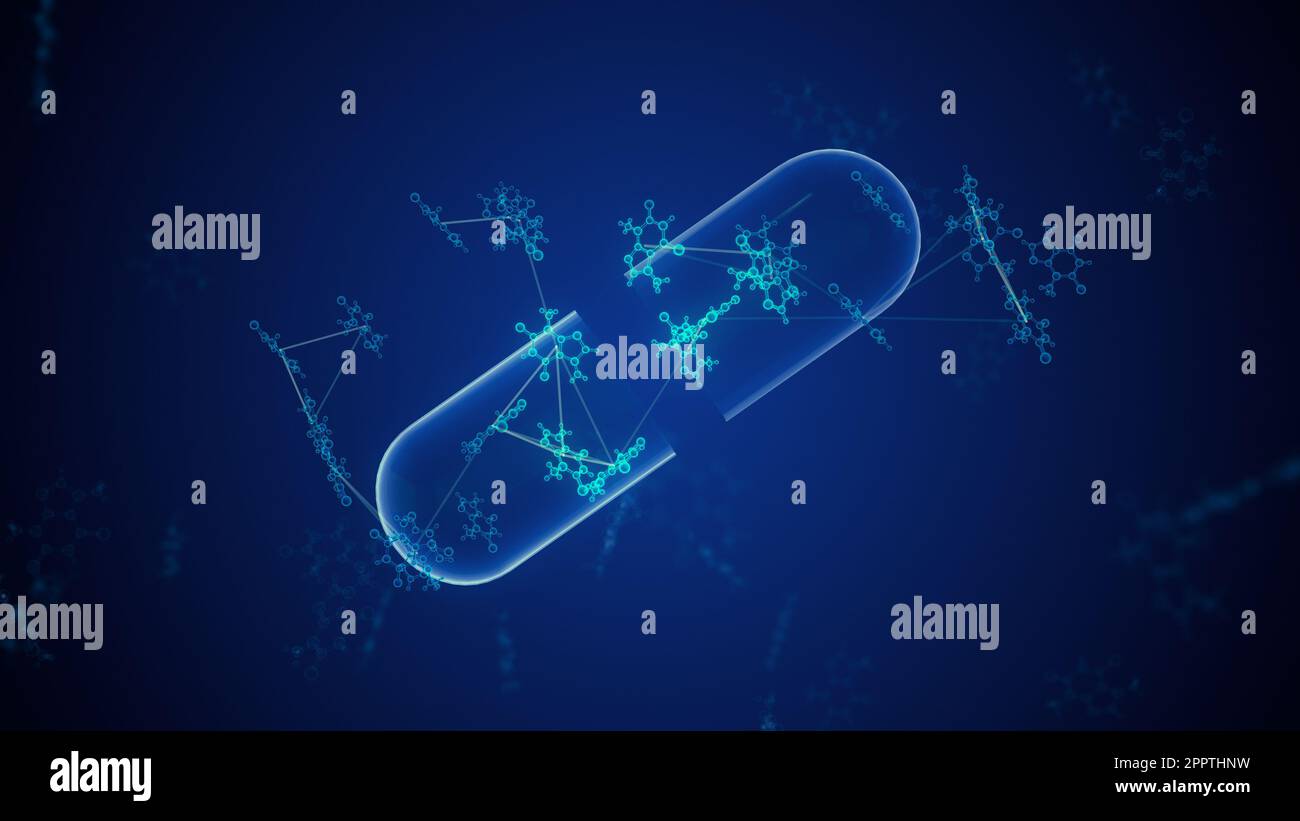 Abstract transparent polygonal capsule pills on blue background. Plexus ...