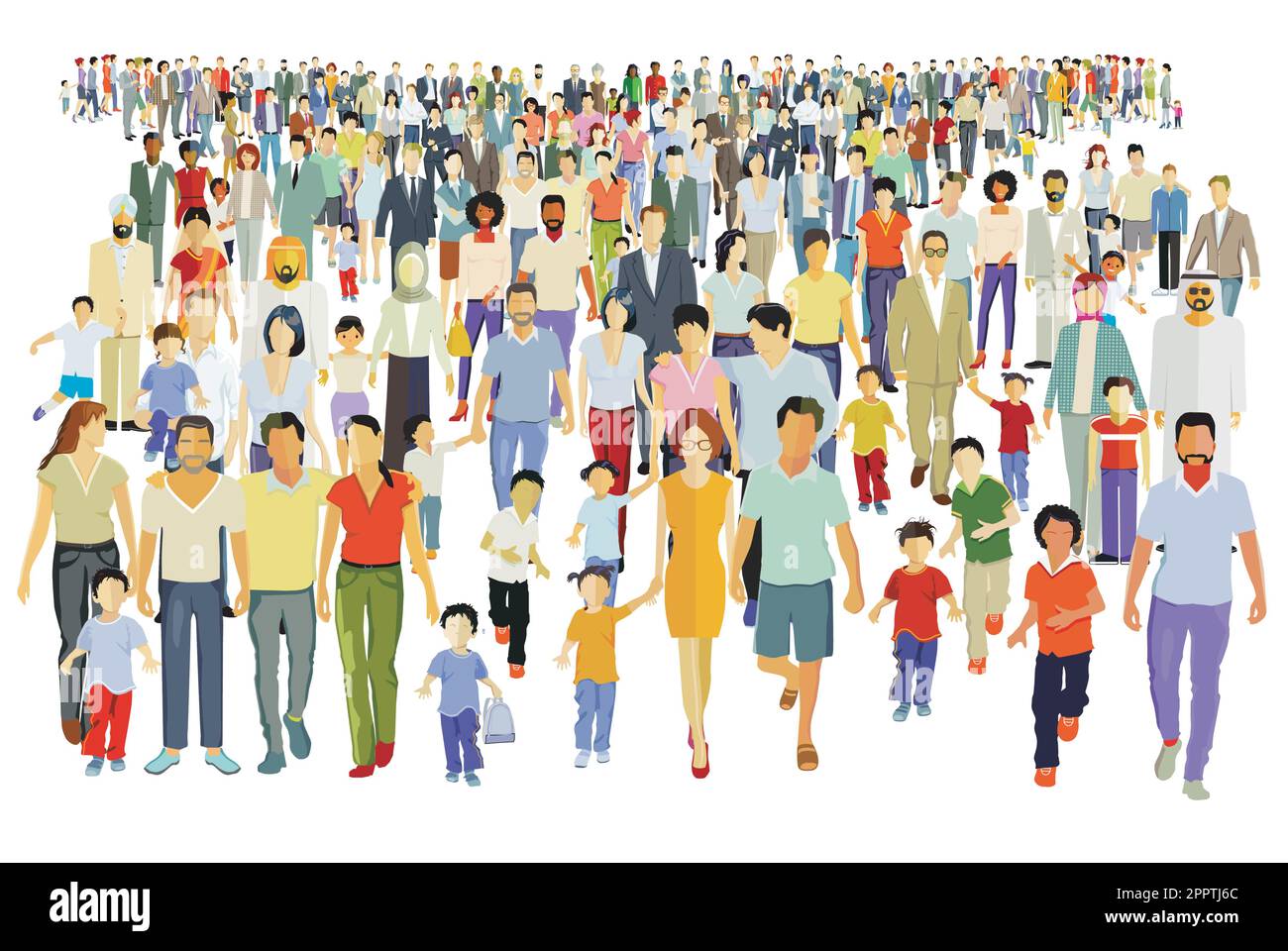 a crowd with families gather together, isolated on white background ...