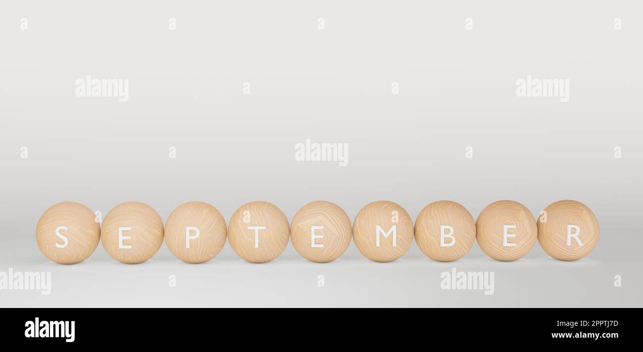 Wooden sphere September, sphere with text September. 3D work and 3D ...