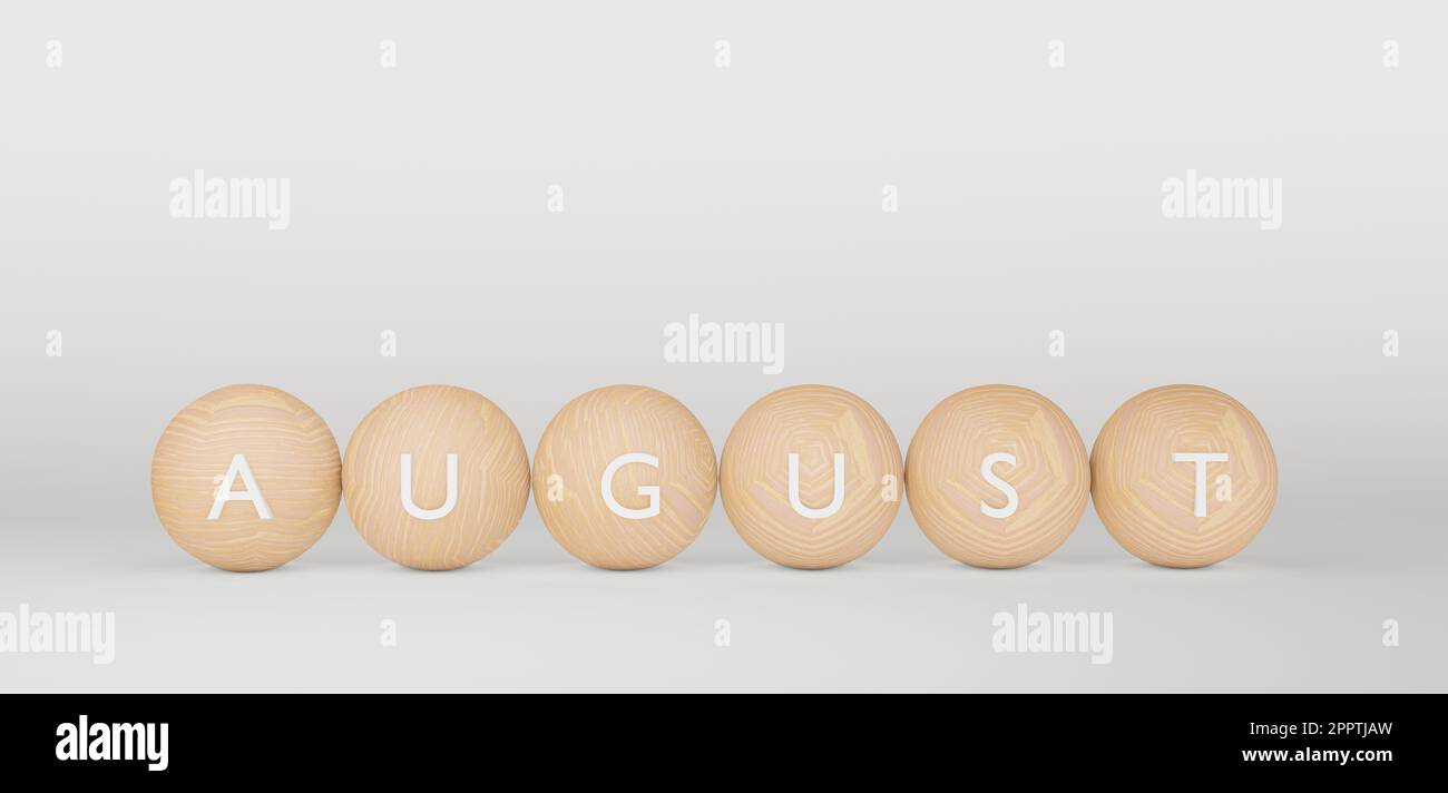 Wooden sphere August, sphere with text August. 3D work and 3D image ...