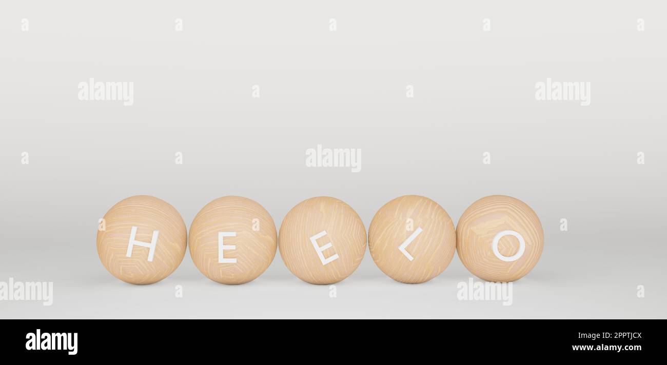 Wooden sphere Hello, sphere with text Hello. 3D work and 3D image Stock ...