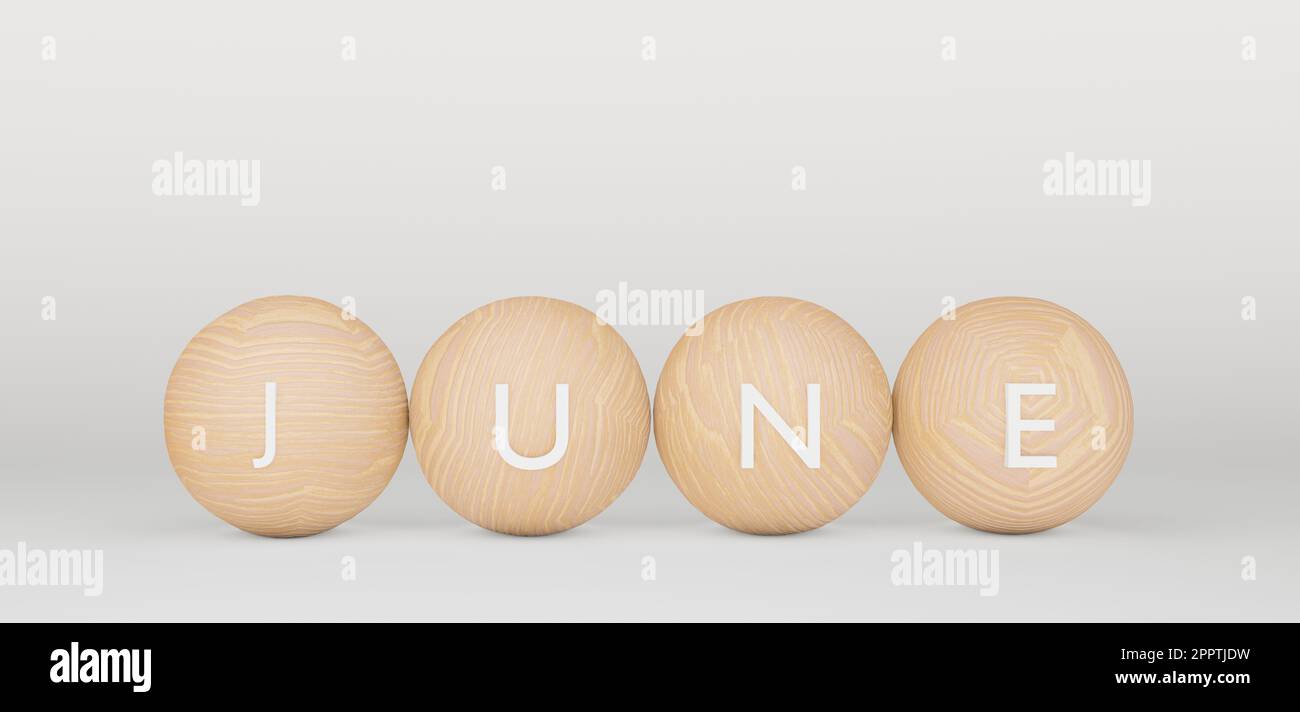 Wooden sphere June, sphere with text June. 3D work and 3D image Stock ...