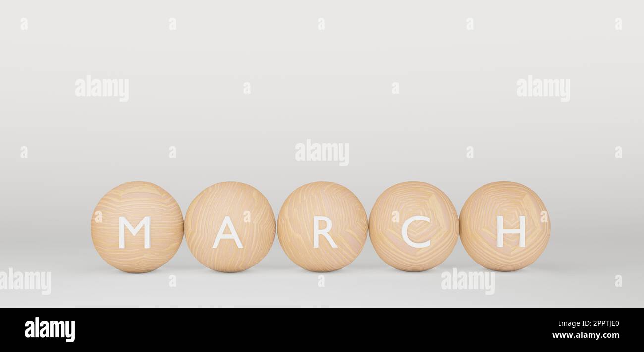 Wooden sphere March, sphere with text March. 3D work and 3D image Stock ...