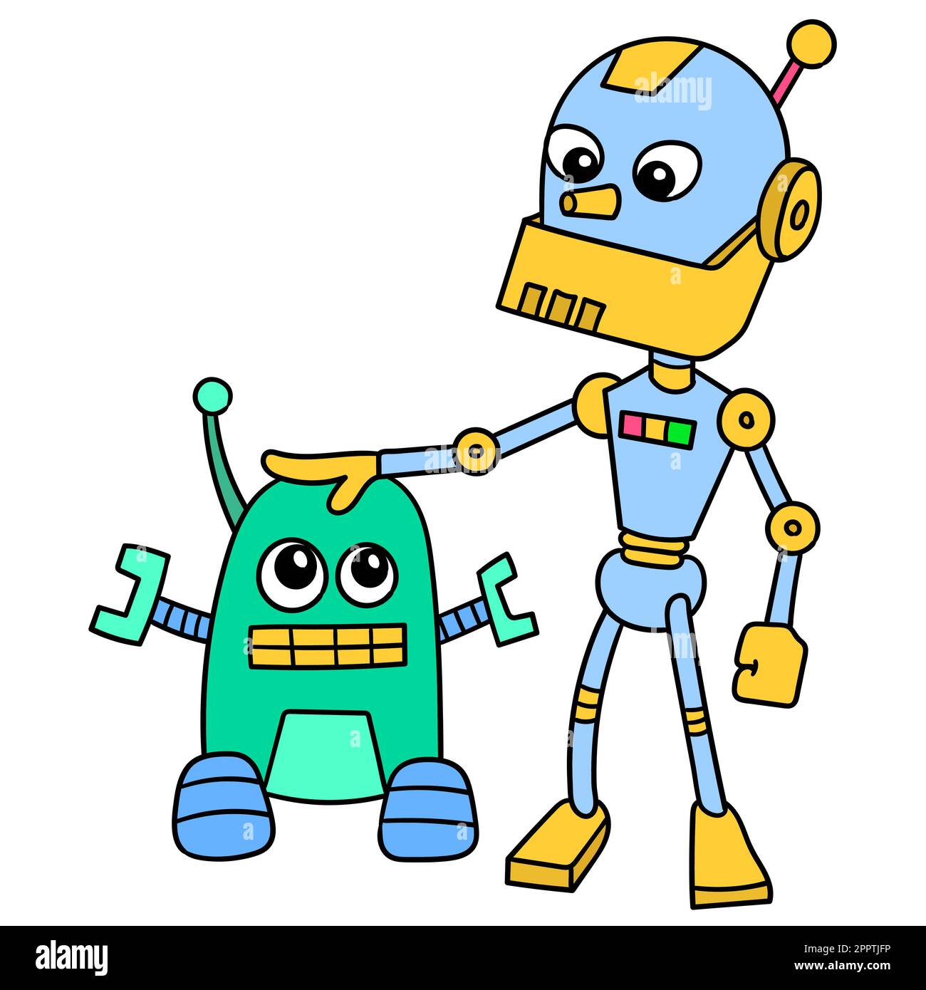 Two Robots Big And Small Make Friends With Each Other Doodle Icon Image Kawaii Stock Vector