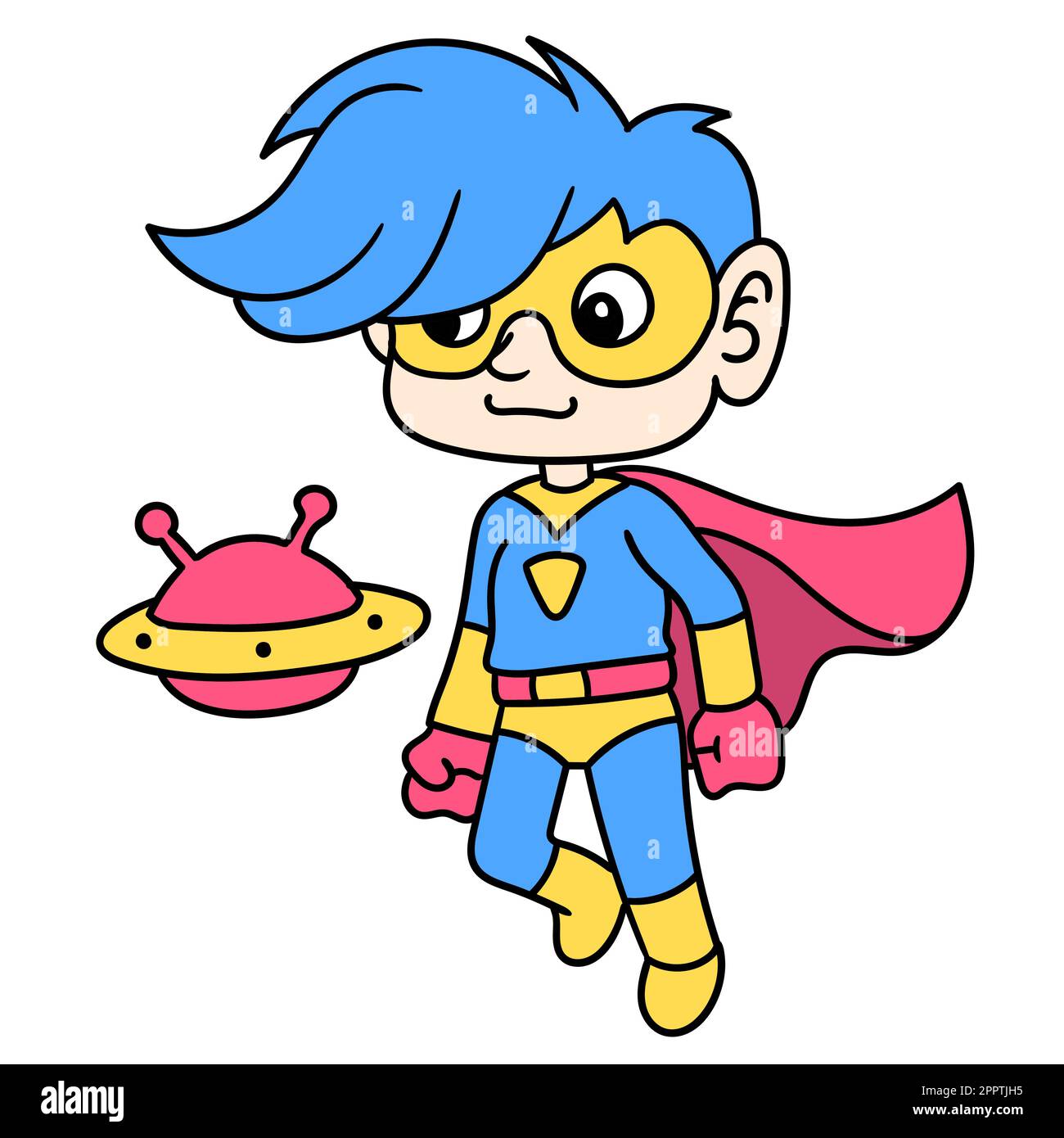 Superhero kids fly with the UFO alien plane, doodle icon image kawaii ...