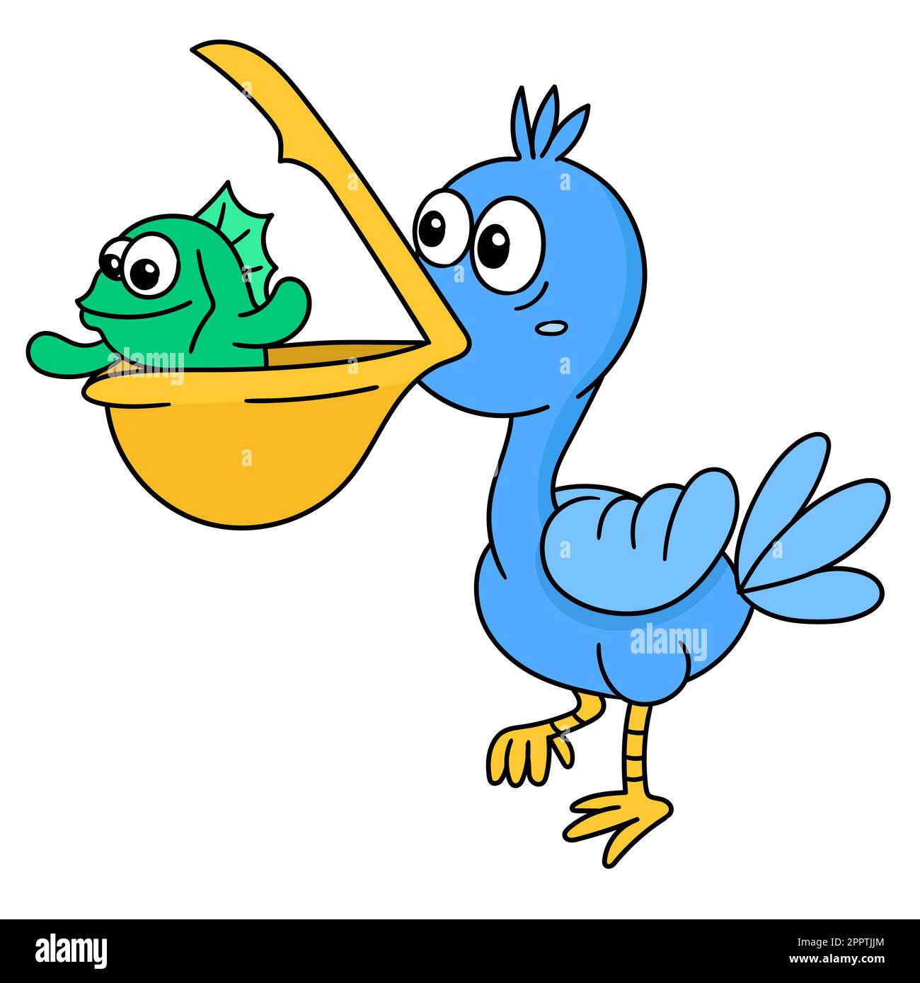 blue pelicans carry fish in their beaks, doodle kawaii. doodle icon ...