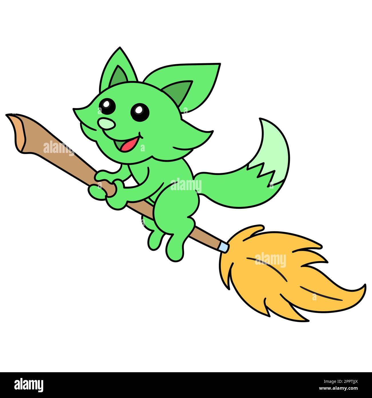 The green fox flew out using a magic broom, doodle kawaii. doodle icon ...