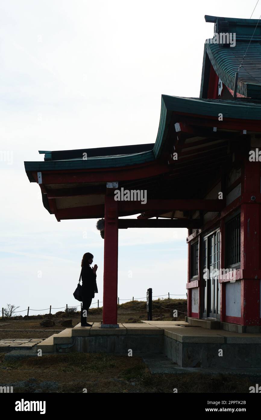 Hakone, Japan. April 04, 2023: Japanese woman pray at Hakone ...
