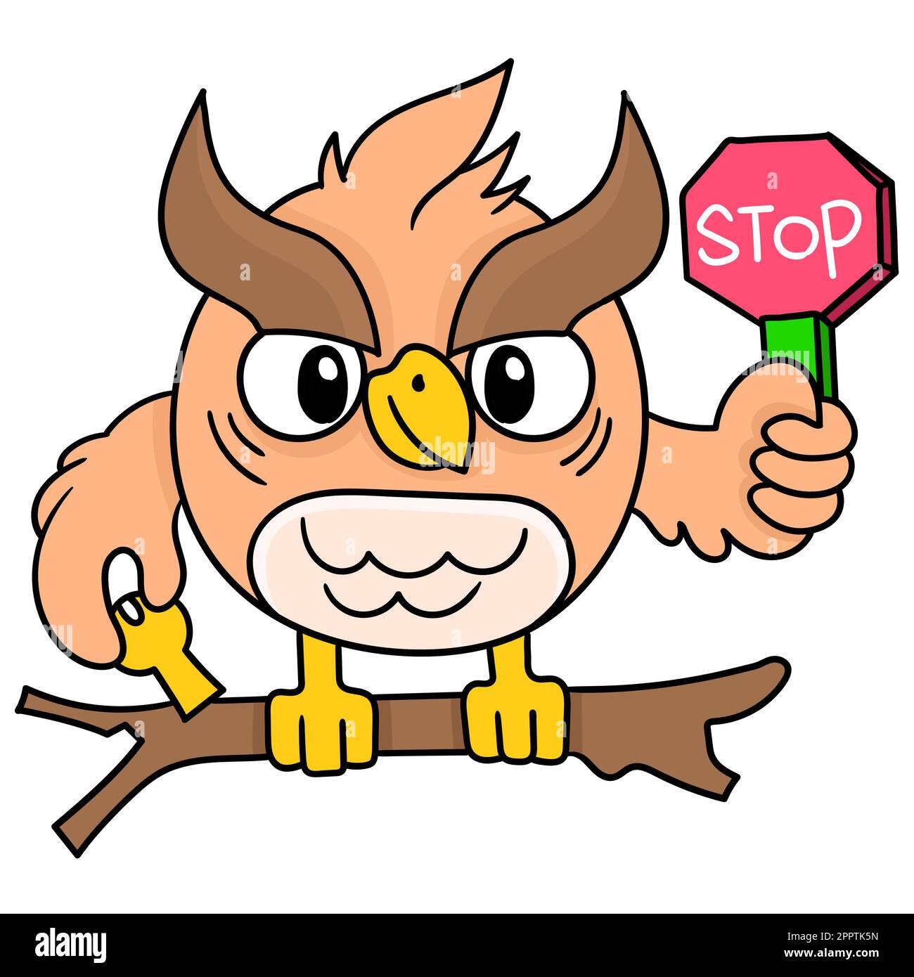 the owl is standing on a branch holding a stop sign, doodle icon image ...