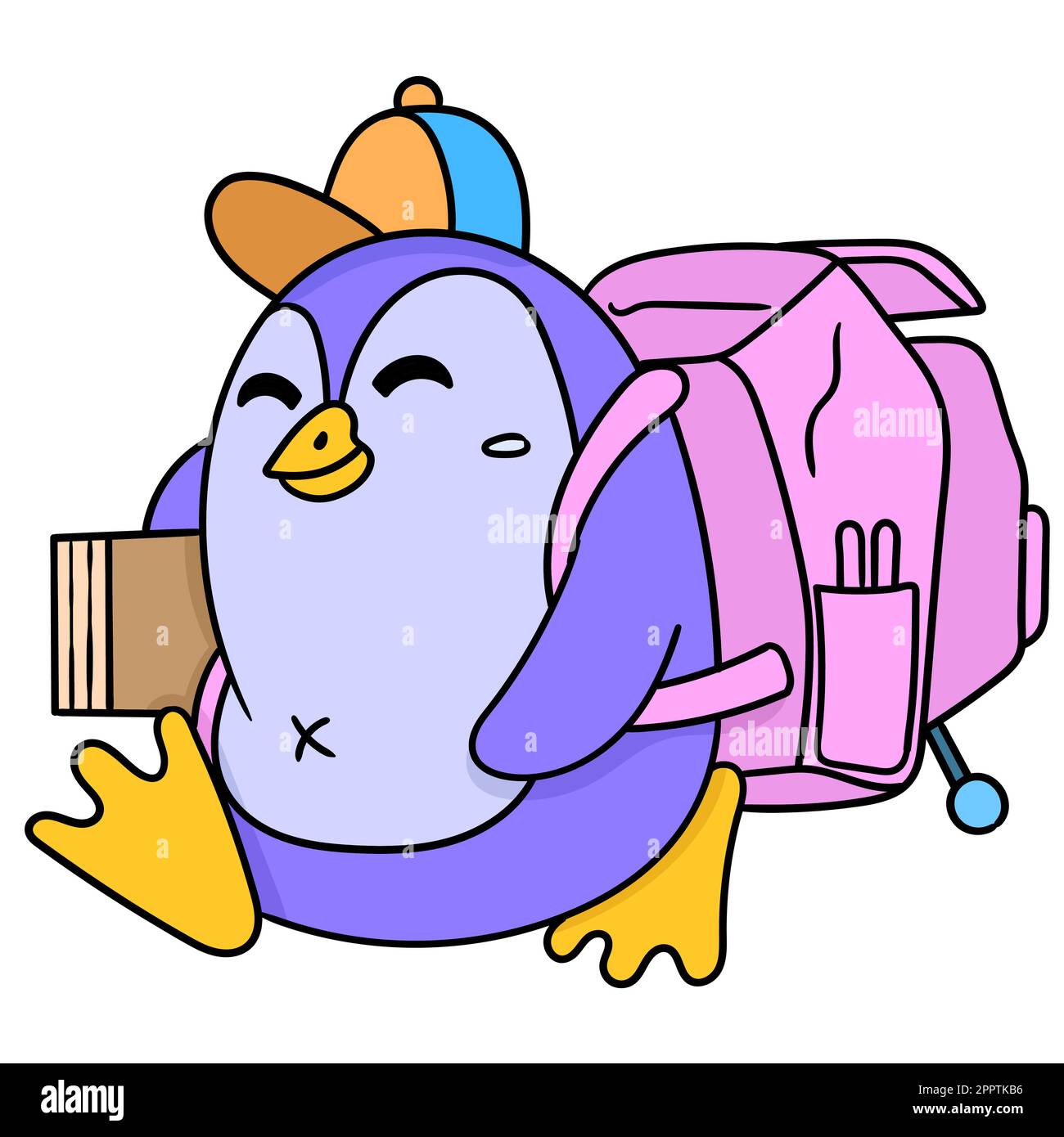 cute penguin boy walking carrying a large backpack with a book in hand ...