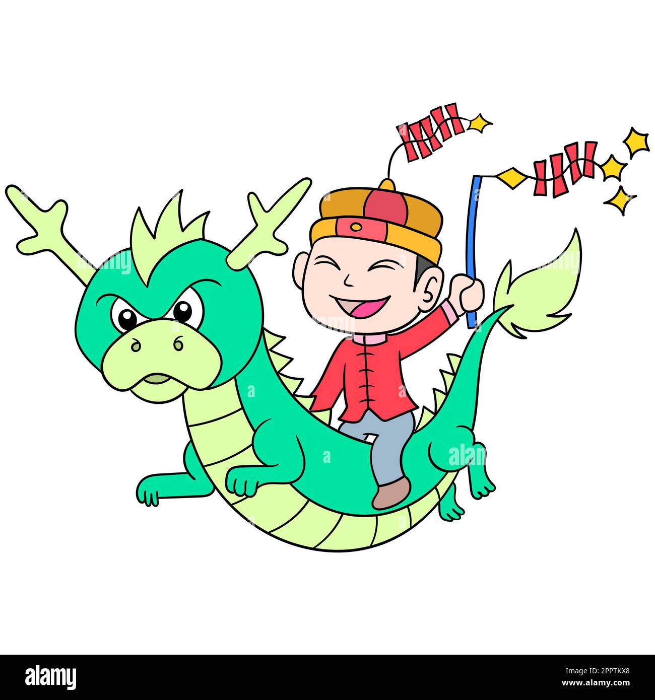 Chinese Lunar New Year celebration riding a flying dragon, doodle icon ...