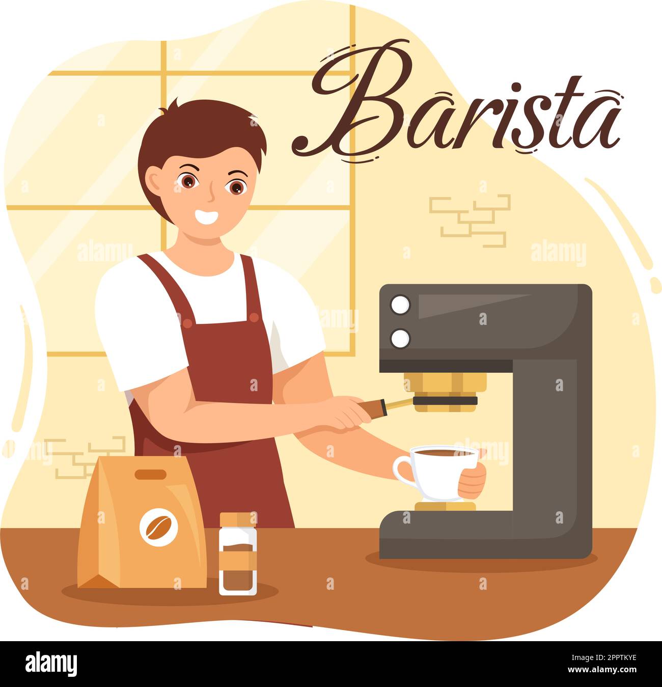 Barista Illustration With Wearing Standing Apron Making Coffee for ...