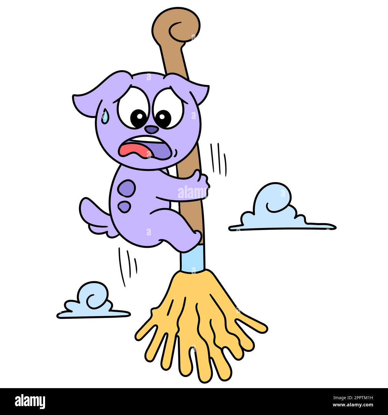 cute cartoon of a dog being carried flying by a magic broom, doodle ...