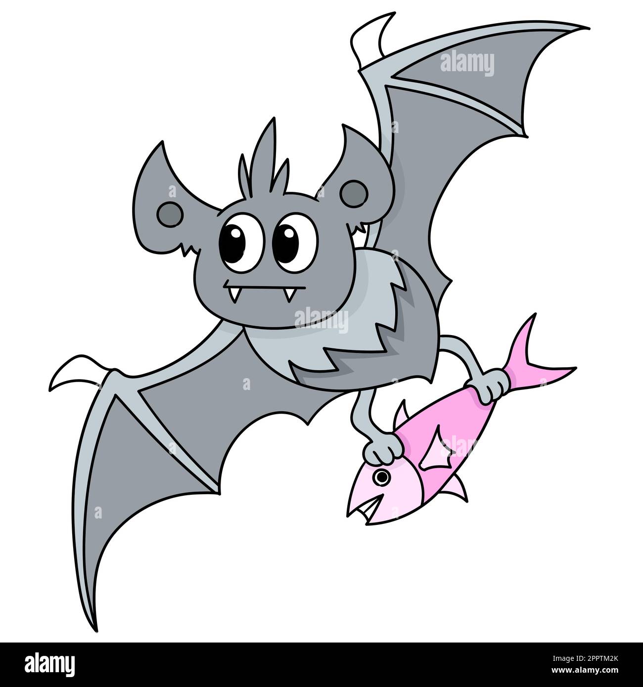 cartoon flying bat carrying fish for food, doodle icon image Stock ...