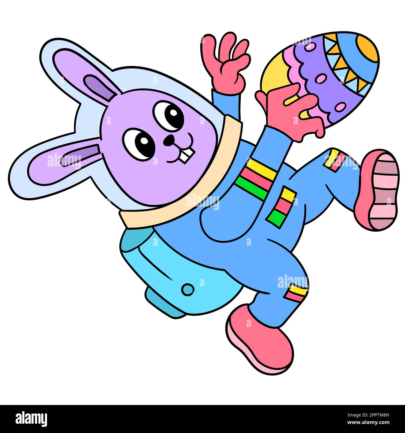 Rabbit wearing astronaut suit in space playing with easter eggs, doodle ...