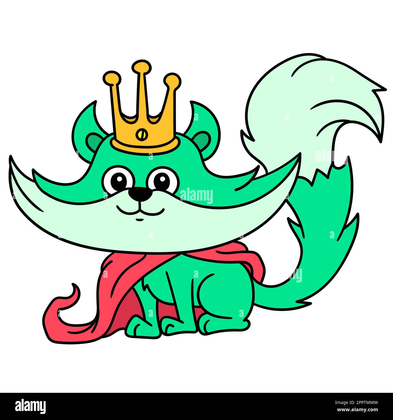 Fox king emoticon in green with fancy robe, doodle icon image kawaii ...