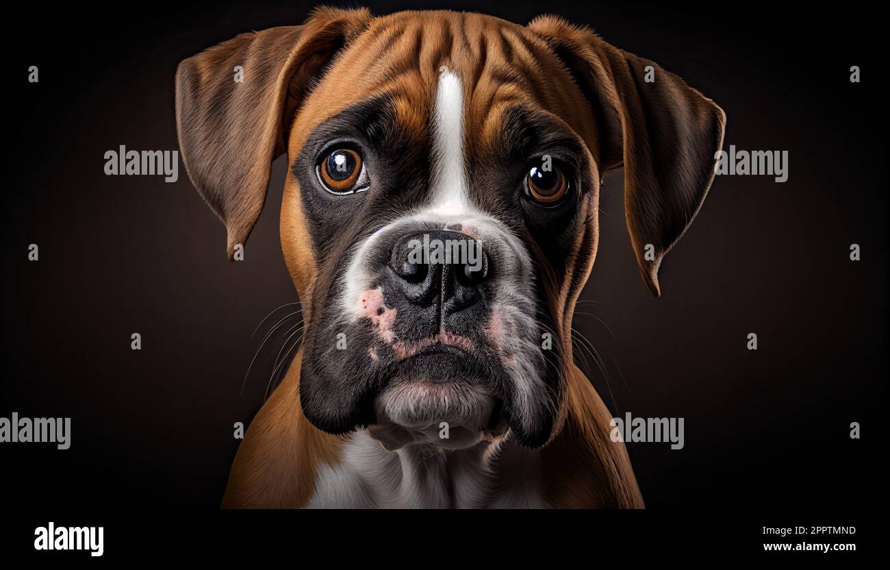 A close-up shot of a boxer dog sitting with its head to the side ...